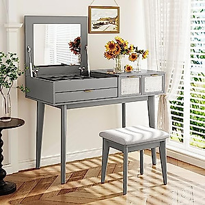 Lifeand 43.3" Classic Wood Makeup Vanity Set with Flip-top Mirror and Stool, Dressing Table with Three Drawers and Storage Space,Gray