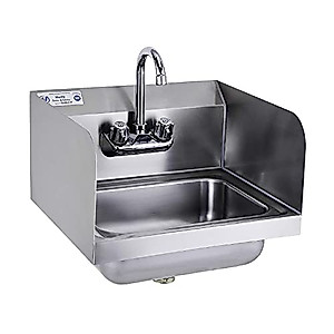 HALLY Stainless Steel Sink for Washing with Faucet and Side Splash, NSF Commercial Wall Mount Hand Basin for Restaurant, Kitchen and Home, 17 x 15 Inches