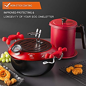 Deep Fryer Pot, Japanese Style Tempura Stainless Steel Outdoor Deep Fry Pot with Thermometer Lid Household Non-stick Frying Pot for Kitchen (Red, 12.8 * 6in 3.5 Quart)