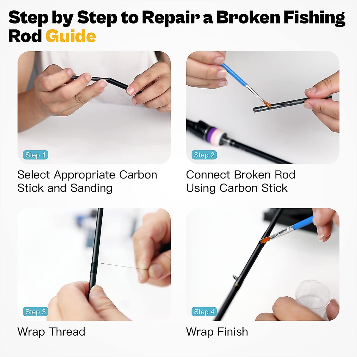 Fishing Rod Repair Kit Complete,Full Supplies with Glue for Freshwater & Saltwater Broken Fishing Pole Repair with Carbon Fiber Sticks,Rod Building Epoxy Finish, Wrapping Thread and Tape