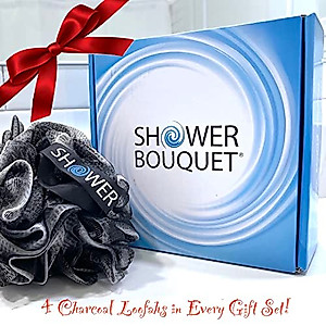 Loofah-Charcoal Bath-Sponge XL-75g-Set by Shower Bouquet: 4-Pack, Extra Large Mesh Pouf Soft Scrubber for Men and Women - Exfoliate with Big Black & White Gentle Cleanse in Beauty Bathing Accessories