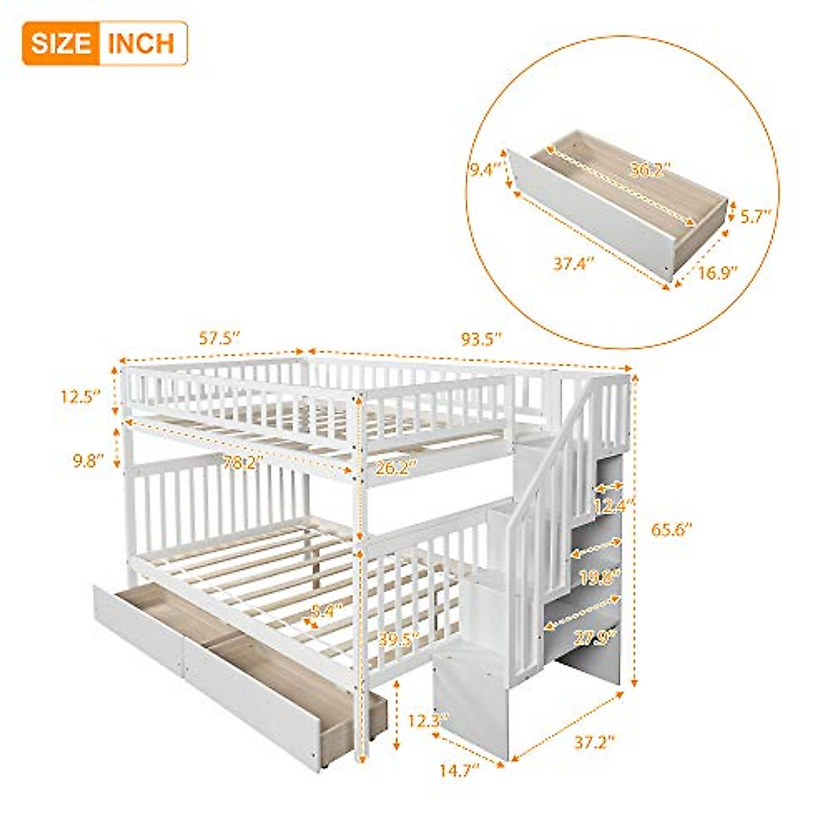 Full Over Full Bunk Beds, Solid Wood Full Bunk Beds with Two Drawers, Inner Bookcase and Stairway for Kids and Teenages, White