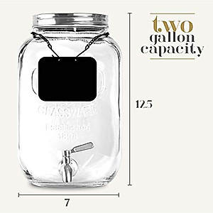 2 Gallon Glass Beverage Dispenser with Ice and Fruit Infusers, Stainless Steel Spigot, Chalkboard Label and Metal Lid, Wide Mouth Lemonade Drink Dispenser, Yorkshire Mason Jar, Kombucha Fermenting