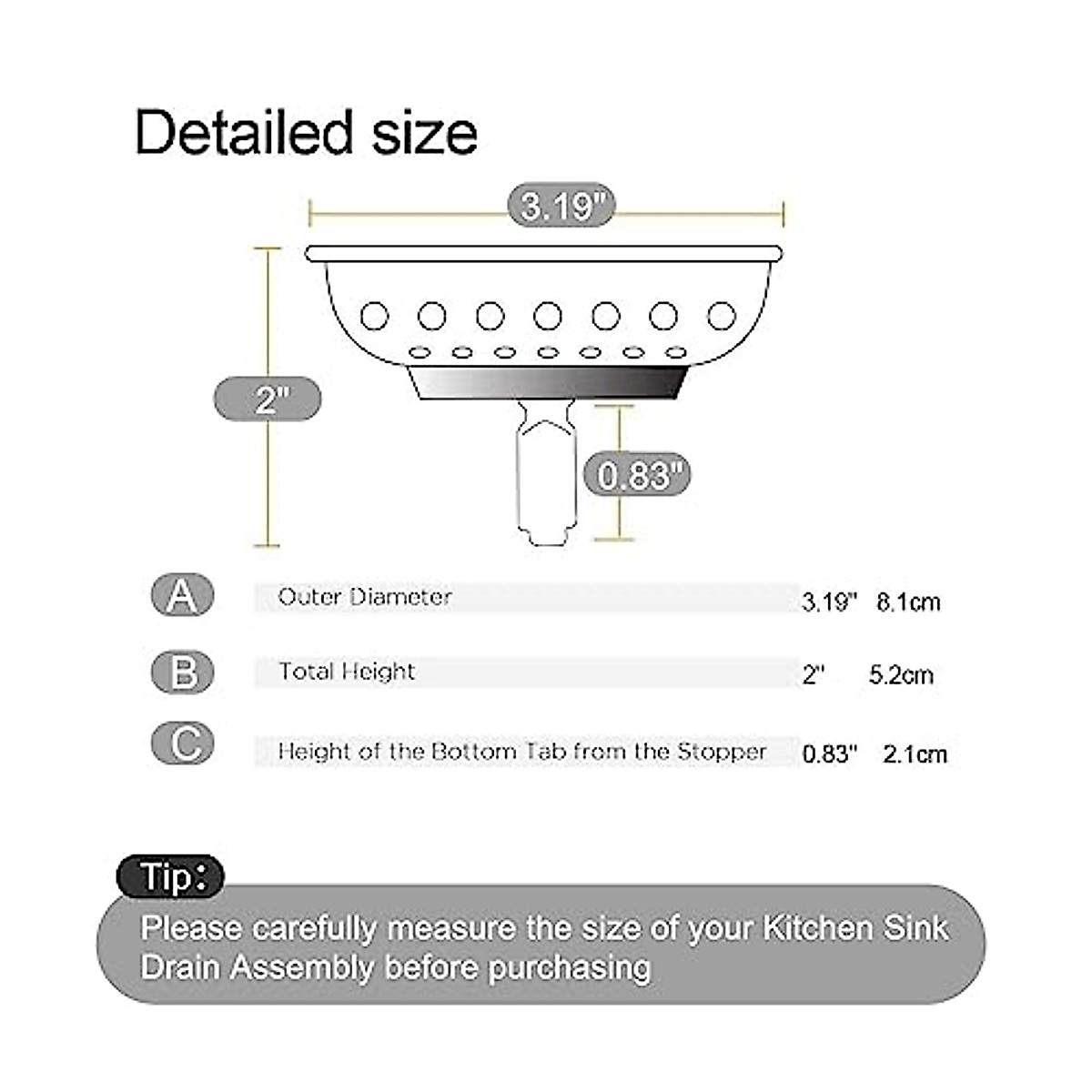 KONE 2PCS Kitchen Sink Basket Strainer Replacement for 3-1/2 Inch Standard Drains Brushed Stainless Steel Body Metal Center Knob with Rubber Stopper