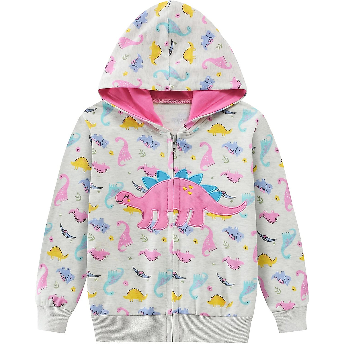 DDSOL Toddler Little Girl Zip Up Hoodie Grey Dinosaur Jacket Zipper Hooded Sweatshirt Long Sleeve Shirt Coat Outwear Cotton Kid Pullover Top Spring Fall Winter Clothes for Baby Size 5T
