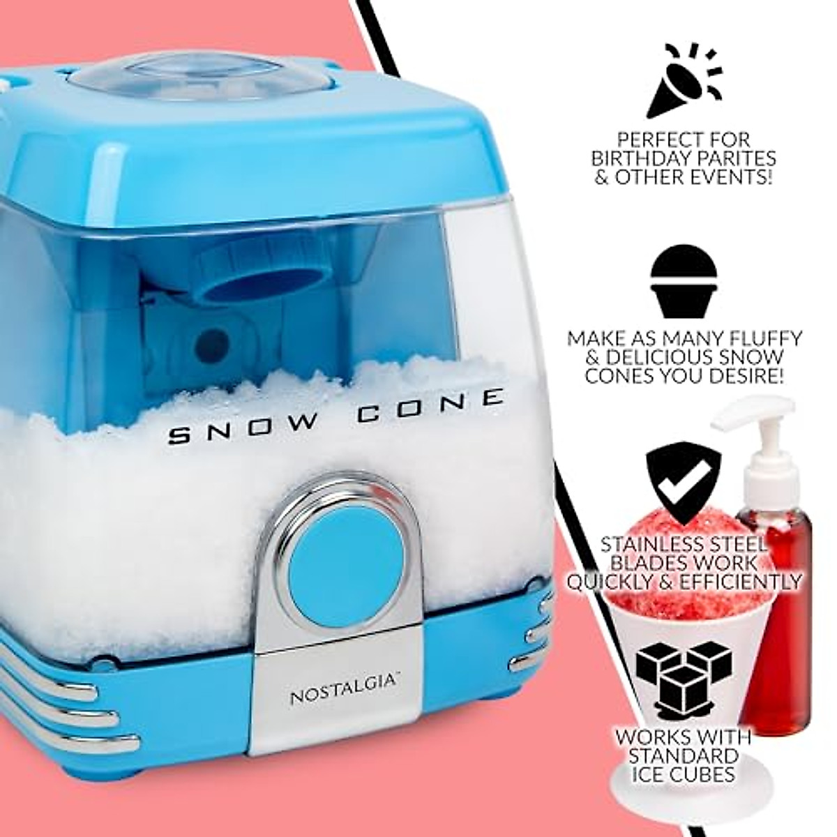 Nostalgia Snow Cone Shaved Ice Machine - Retro Table-Top Slushie Machine Makes 30 Icy Treats - Includes 2 Pump Syrup Bottles, 2 Reusable Plastic Cups & Ice Scoop - Blue