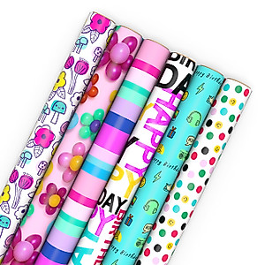 Hallmark Birthday Wrapping Paper Rolls - Flowers, Stripes, Pink, Teal and Black Polka Dots Gift Wrap Paper (Set of 6 Rolls: 180 sq. ft. ttl.)