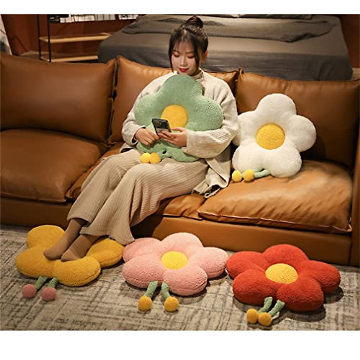 LANFIRE Flower Throw Pillow Seating Cushion Pillow Cushion Throw Cushion 17.7 * 17.7 inches Plush Sun Flower Cushion (White)