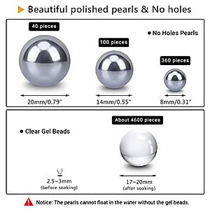 Suream Multi-Size Silver Floating Beads - 8/14/20mm, 500PCS No Hole Artificial Beads and 4600PCS Gel Water Beads for Vase Filler, Table Scatters, Candle Centerpieces, Wedding, Birthday, Floral Decore