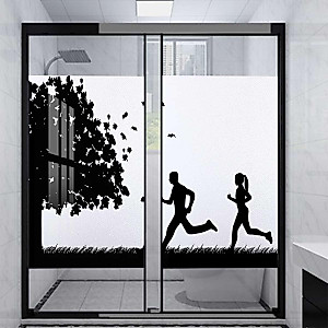 White Black Frosted Window Privacy Film Blackout Static Cling Removable Window Film Sun Blocking Anti UV Glass Film for Home Sliding Door Trees Forest Design Figure Silhouette 35.4Wx63L-inch x2 Pcs
