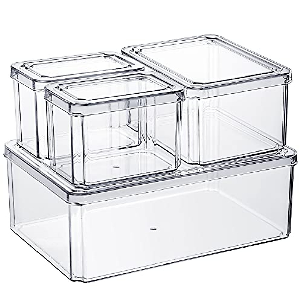 Set of 4 Fridge Food Storage Bins, Stackable Clear Kitchen Fruit Storage Containers, Freezer Organizer Fresh Keeper Box with Lid for Kitchen Countertops, Refrigerator, Pantry and Cabinets