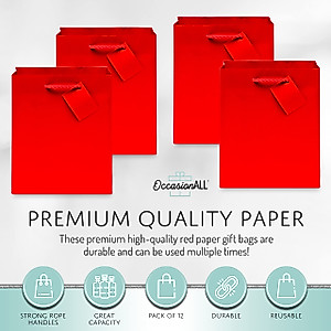 Red Gift Bags - 12 Pack Medium Red Gift Bags with Handles, Gift Wrap Paper Euro Totes for Valentine's Day, Holiday Gift Wrap, Birthday & Wedding, Small Business, Retail & Boutiques, Bulk - 7.5x3.5x9