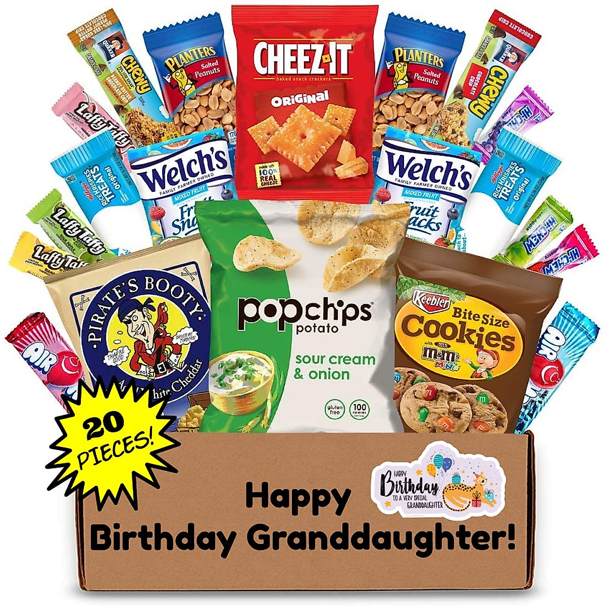Hangry Kit Birthday Snack Box for Your Grand Daughter - (20 count) Happy Birthday Gift Basket Care Package - Contains Birthday Snacks, Cookies, Chips, Candy. Party Variety Gift Box.