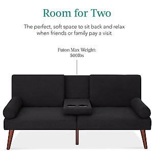 Best Choice Products Mid-Century Modern Upholstered Futon, Convertible Folding Sofa Bed, Small Couch w/Rounded Armrests, 2 Cupholders - Black