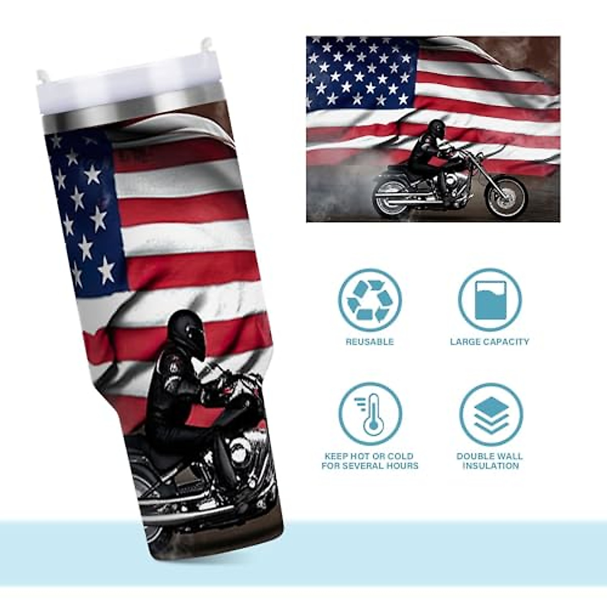 Motorcycle American Flag Vacuum Insulated Tumbler with Handle and Straw Lid for Water, Insulated Tumbler Cups 30 OZ / 0.89 L