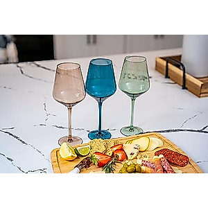 FyneDyne Boho Jewel-Toned Wine Glasses, Stained Cocktail Cups, Drinkware Bar Set for Rack, Set of 6 Stemmed Unique Drinking Glasses 16oz