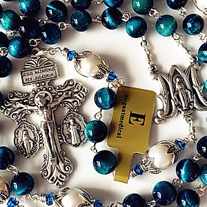 elegantmedical HANDMADE Peacock Blue Tiger Eye Prayer Beads & (AAA) 10mm real Pearl sterling silver beads caps Catholic Rosary Necklace Gift Box Italy Parden Crucifix