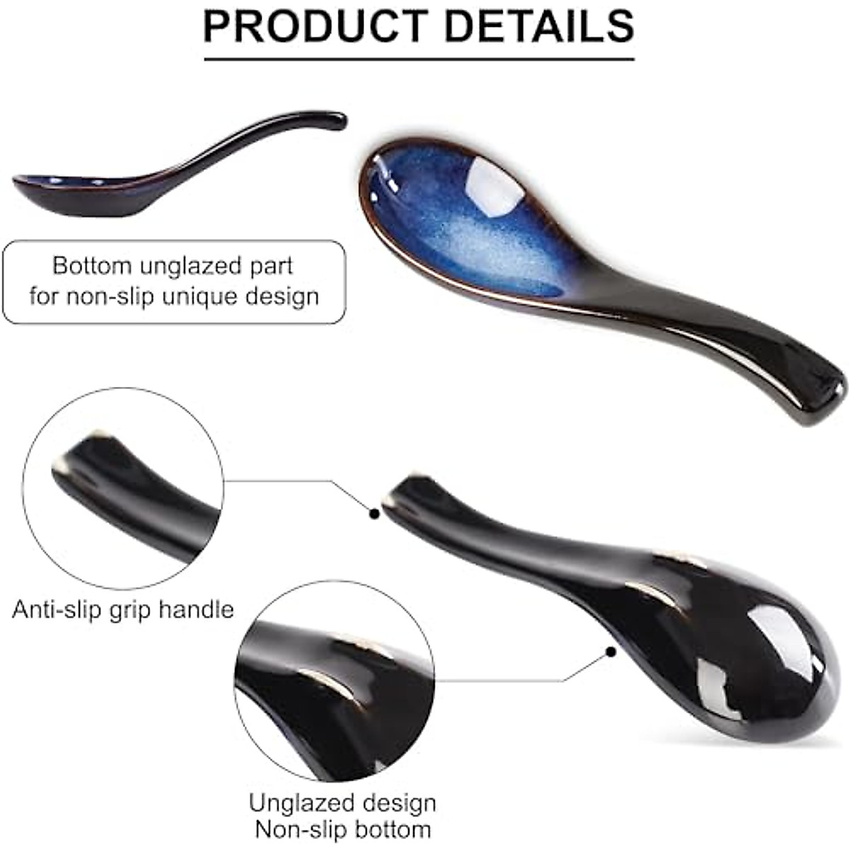 Asian Soup Spoon Set, Blue Japanese Soup Spoon Ceramic Chinese Soup Spoons Ramen Spoon Retro Porcelain Spoon Rice Spoons For Cereal Stews Ramen Pho Wonton Dumpling Miso, 2pcs