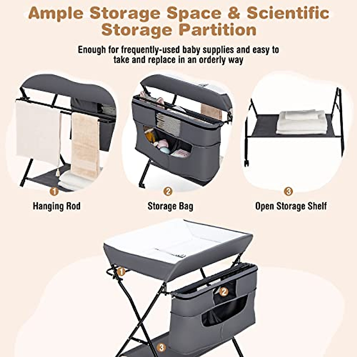 HONEY JOY Changing Table, Folding Mobile Nursery Organizer w/Wheels, Adjustable Height, Storage Bag & Open Shelf, Portable Diaper Changing Station for Newborn (Gray, 31.5"x26"x40")