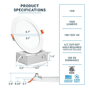 PARMIDA (6 Pack) 6 Inch Ultra-Thin LED Recessed Ceiling Light with Junction Box, 12W, Dimmable Canless Wafer Slim Panel Downlight, IC Rated, ETL-Listed - 5000K