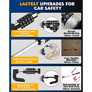 Tevlaphee Steering Wheel Lock Anti Theft Device Retractable Brake Pedal Lock Keyless Password 5 Coded Combination Anti Theft Car Security Device Heavy Duty Universal Fit for Vehicle Car Truck Van SUV