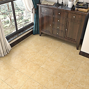 WESTICK Thick Yellow Marble Floor Tiles Peel and Stick Waterproof Bathroom Marble Floor Tiles Self Adhesive Removable Flooring Tile Stickers for Kitchen Bedroom, Beige Topaz Texture 12 x 12 IN 20 Pack