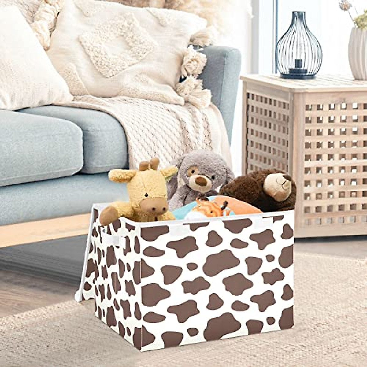Kigai Retro Cow Print Storage Basket with Lid Collapsible Storage Bin Fabric Box Closet Organizer for Home Bedroom Office 1 Pack