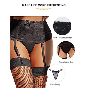 Sexy Plus Size Lace Garter Belt for Women Black High Waisted Suspender G-String with 4 Clips for Stocking M-L