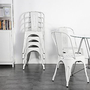 Yaheetech Metal Kitchen Dining Chairs Indoor-Outdoor Distressed Style Stackable Side Coffee Chairs in Distressed White, Set of 4