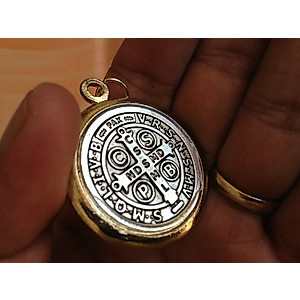 hand made St Benedict Jubilee Exorcism Medal 1.5 inch Two Tone with Prayer Card/MRT/Medal Pendant/medalla de San Benito en Dos tonos con tarjetita de oracion