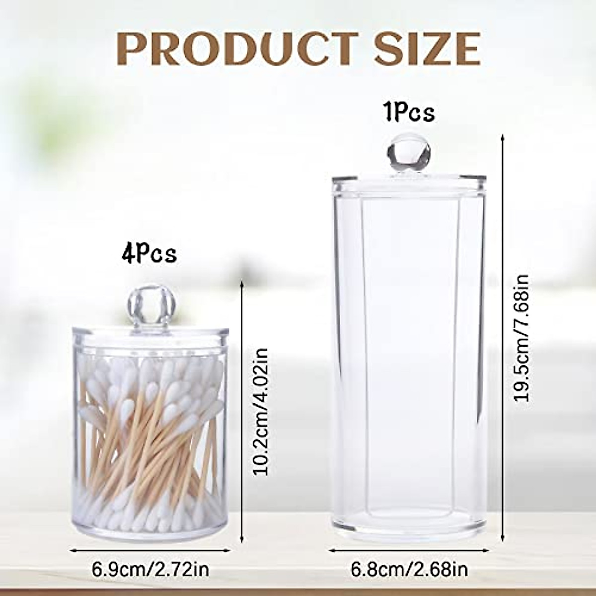 5Pcs Acrylic Cotton Pad Holder, FHDUSRYO Q-Tips Cotton Swab Dispenser Apothecary Jar with Lid, Bathroom Cotton Wool Bud Organizer Clear Makeup Container for Vanity Storage Cotton Ball Cosmetic Pads Floss