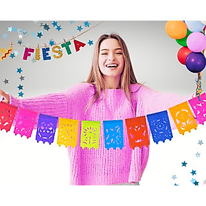 5 Pk Small Papel Picado Flags, Fiesta Banner Decorations 15 ft Long Multicolored Paper Garland with Round Scalloped Edges, Mexican Party Decorations for Cinco de Mayo, Weddings, Office Parties ws97