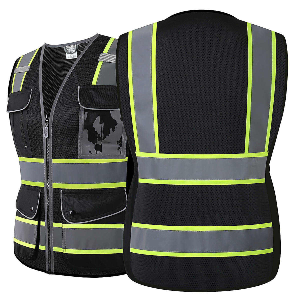 HATAUNKI High Visibility Reflection Black Mesh Safety Vests with 9 Pockets and Front Zipper, hi vis safety vest for Women, Meets ANSI/ISEA Standards(Black-16,X-Large)