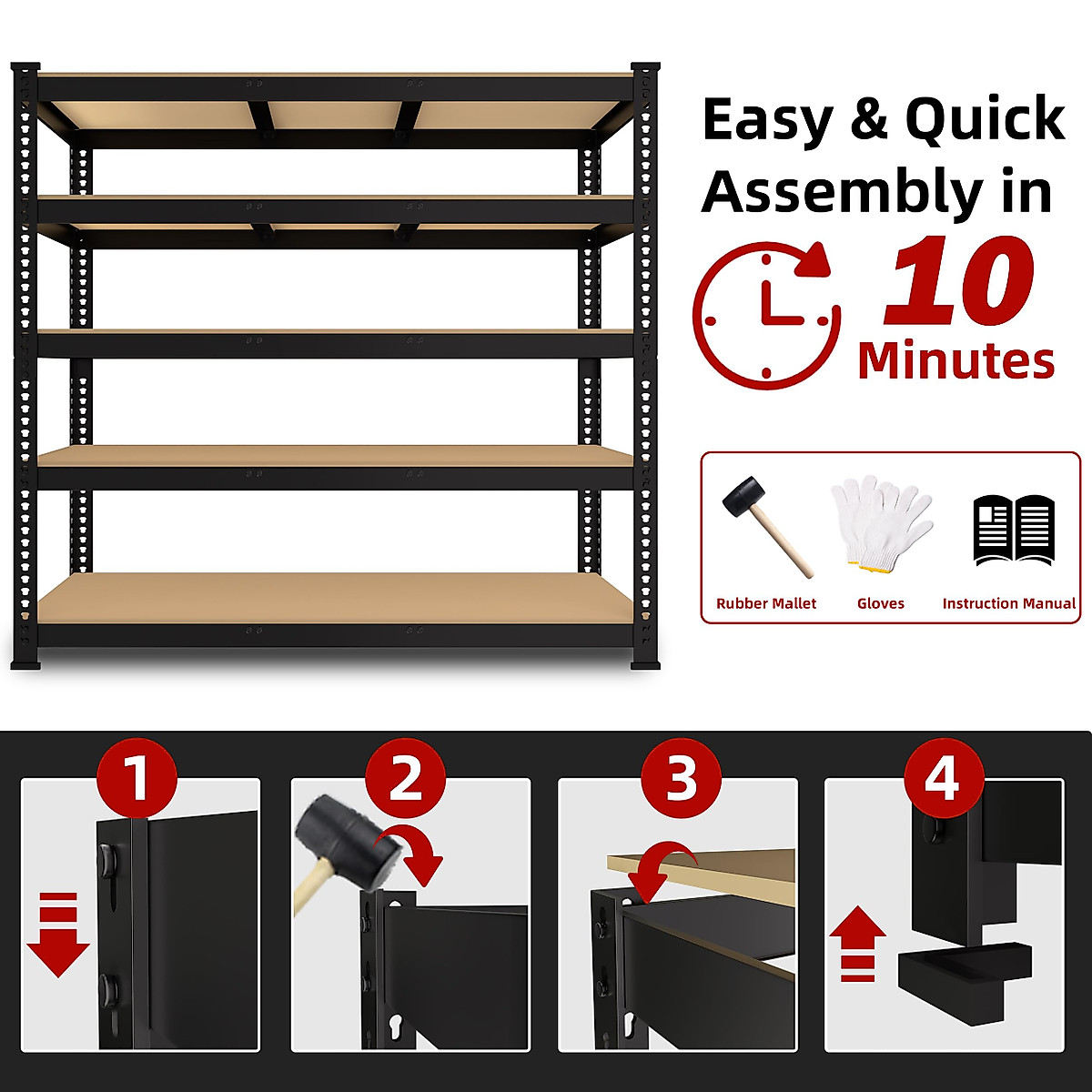 BuxWellBang 48" W x 24" D x 72" H Adjustable Garage Storage Shelves - 5-Shelf Heavy Duty Shelving Unit, Metal Utility Storage Organizer Racks for Warehouse Pantry Closet Kitchen, Black