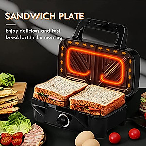 CH66 Waffle Maker 3 in 1 Sandwich Maker, 1200W Waffle Iron with Removable Plates, LED Indicator Lights and 5 Temperature Control, Cool Touch Handle Easy to Clean, Silver 11.2*9.01*4.64 inch