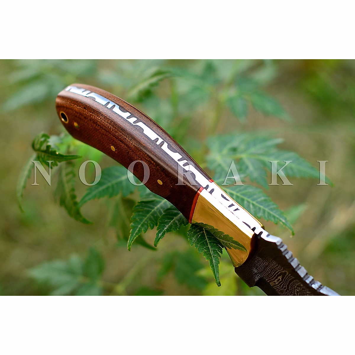 Nooraki - 11 inch | Custom Handmade Damascus Tracker Knife with Brown Micarta Handle Hunting knife, Camping knife, Bushcraft Knife, Survival Knife - Full Tang Fire Pattern With Sheath #332
