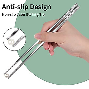 6 Pairs Reusable Metal Chopsticks Stainless Steel Chopsticks Dishwasher Safe Laser Etched Square Non-slip Chop Sticks Korean Japanese Chinese Stainless Steel Metal Chopsticks (Matte Silver, 9.2in)