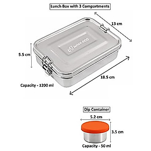 MORE-ECO Stainless Steel Leak Proof Bento Box With Three Sections And 50 Ml Dip Container. 1200 ML Stainless Steel Lunch Box Dishwasher Safe Silver 18.5 CM X 13 CM X 5.5 CM
