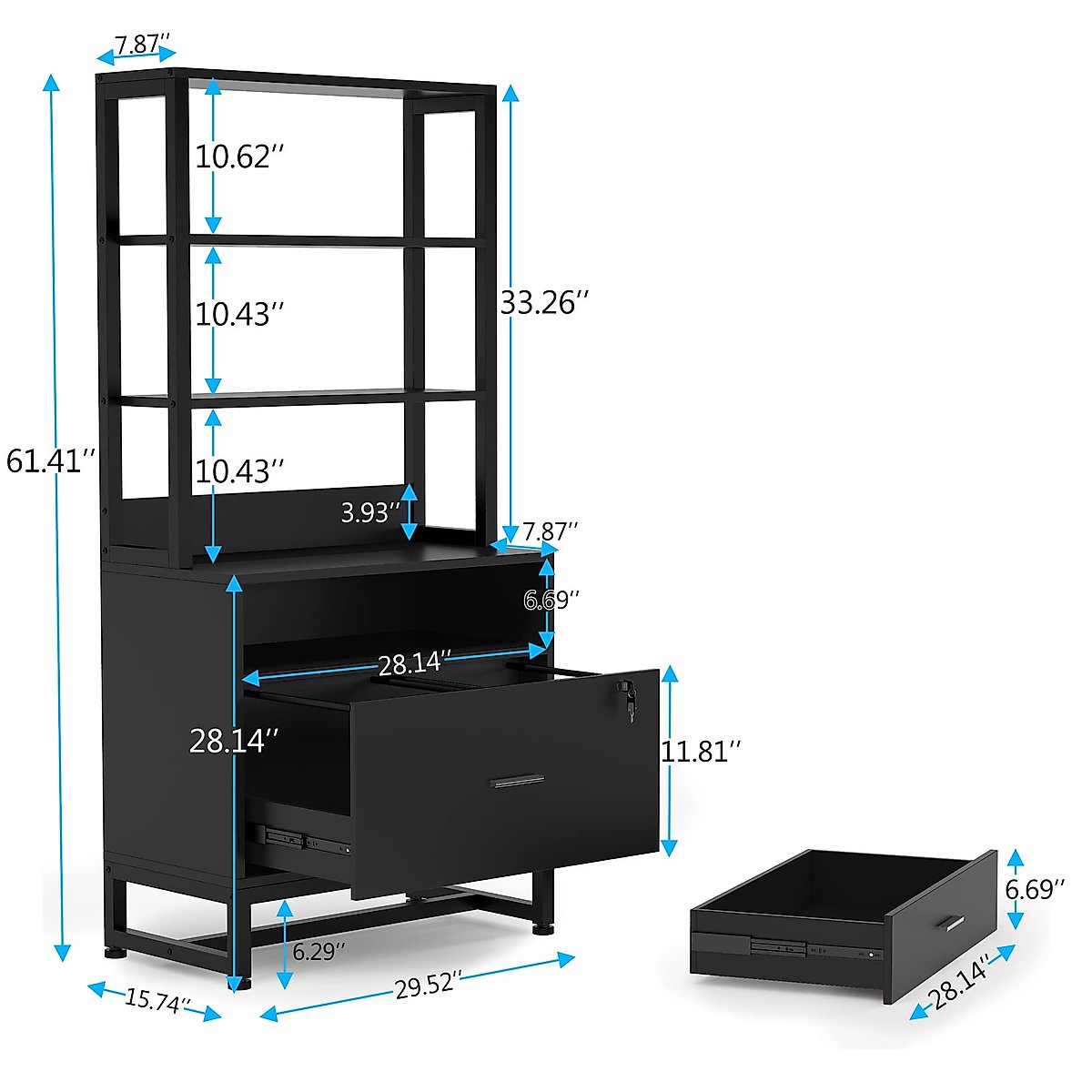 Tribesigns 2 Drawer Vertical File Cabinet with Lock & Bookshelf, Letter Size Large Modern Filing Cabinet Printer Stand with Open Storage Shelves for Home Office, Black