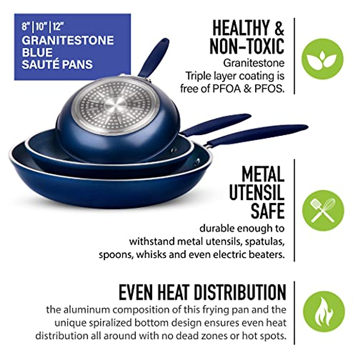Granitestone 3 Pc Non Stick Frying Pans Set, Nonstick Frying Pans Nonstick 8/10 / 12 Inch Pan Skillets for Cooking with Stay Cool Handles, Induction Cookware, Dishwasher/Oven Safe, Non Toxic - Blue