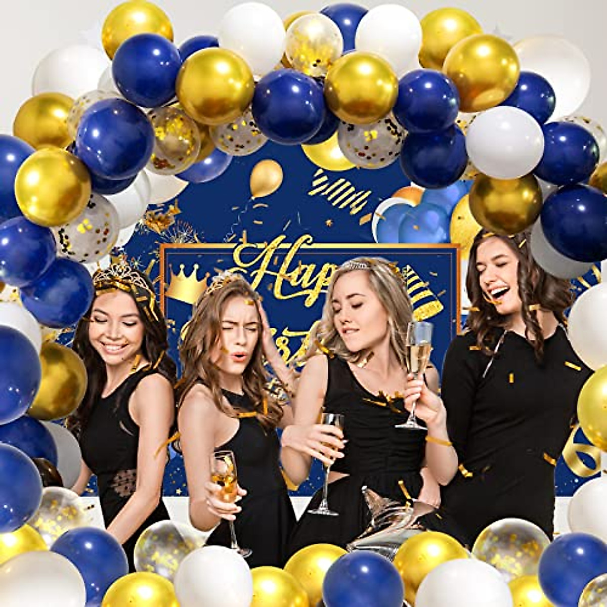 INPHER Happy Birthday Backdrop Navy Blue and Gold Birthday Decorations Backdrop 55 Pack Navy Blue Gold Balloon Arch Garland Kit Happy Birthday Banner Party Decorations for Kids Men Women