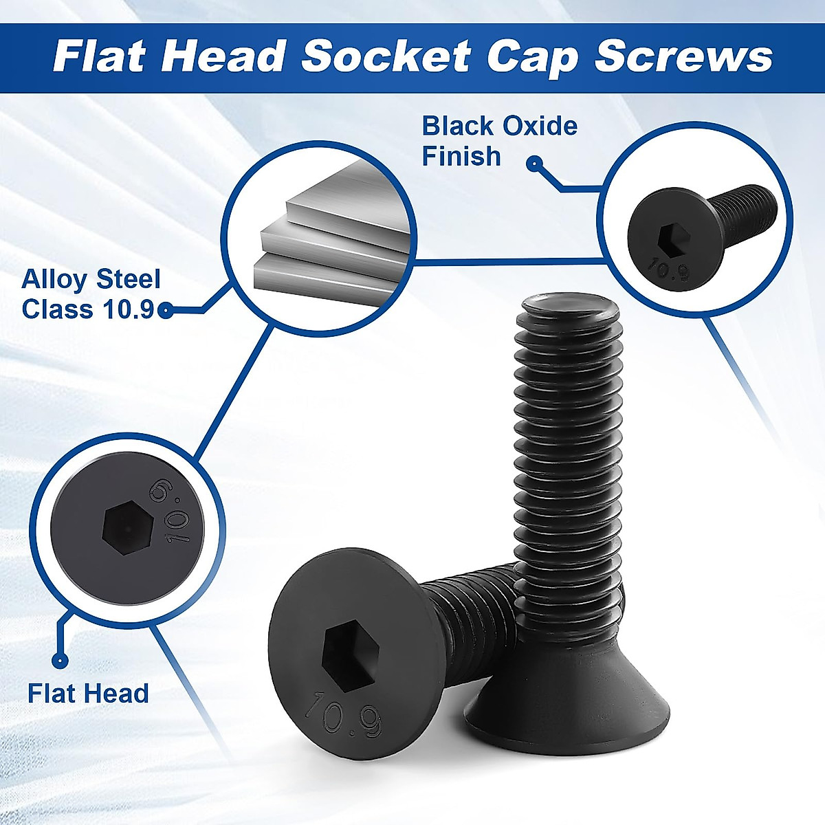1/4-20 x 2" Flat Head Socket Cap Screws Countersunk Bolts, Class 10.9 Alloy Steel, Black Oxide, 25 PCS