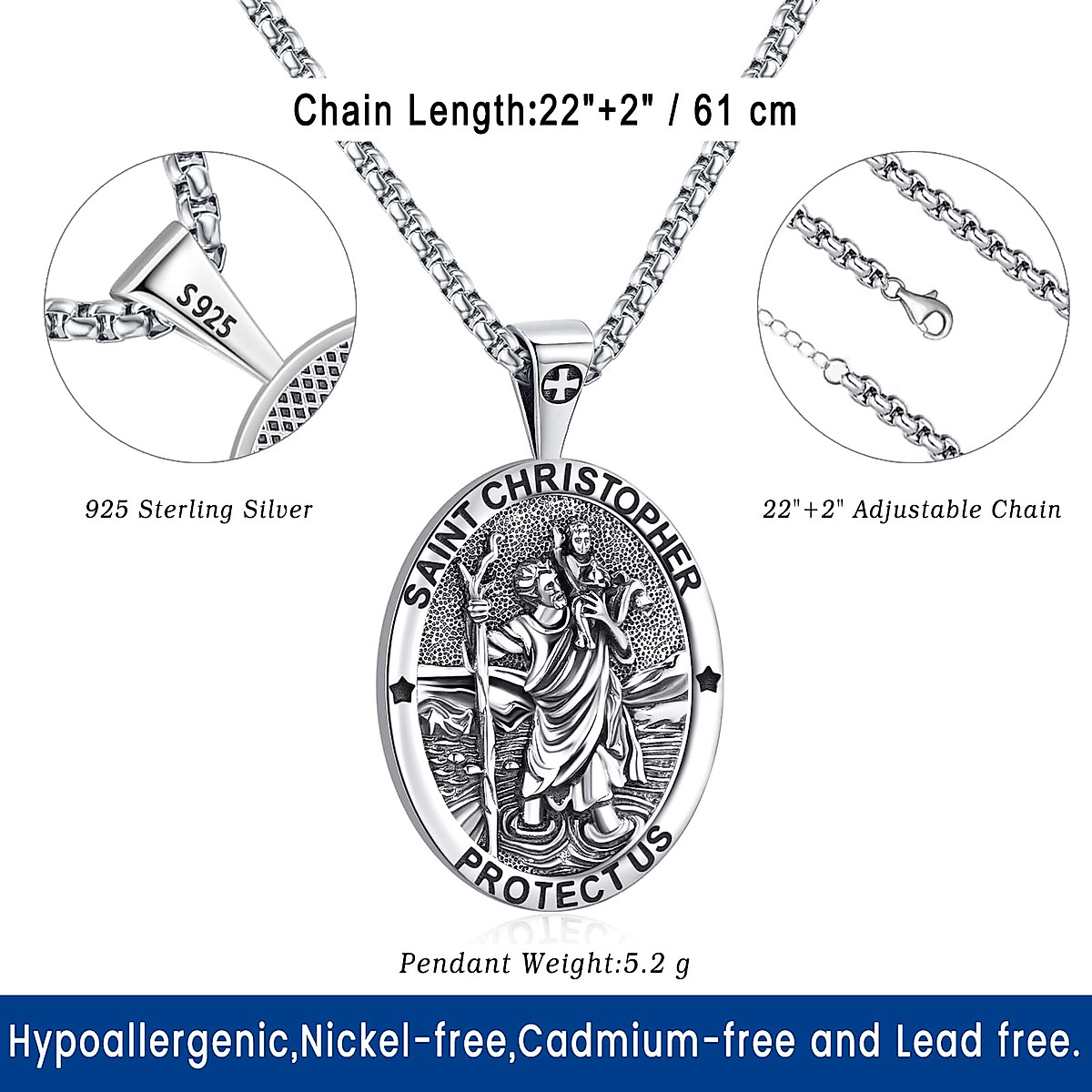 Eusense St Christopher Necklace for men saint christopher medal women female male st. christopher pendant Medallion Sterling Silver 925 oval