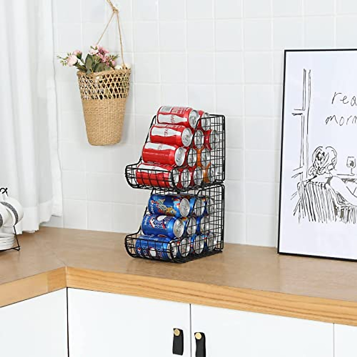 X-cosrack Standing Stackable Can Dispenser Storage Organizer Bins-3 Pack, Metal Wire Basket Beverage Pop Soda Rack Stand Kitchen Pantry Countertop Cabinets,Stacking Canned Food Holder-Patent Pending