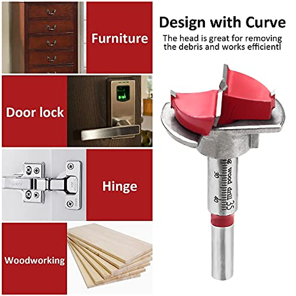 HPHOPE Forstner Bit Set 5Pcs Adjustable Positioning Drill, 15/20/25/30/35mm Forstner Bits for Wood Drilling, Cemented Carbide Woodworking Hole Saw with Depth Stoper (Depth Range 10-40mm)