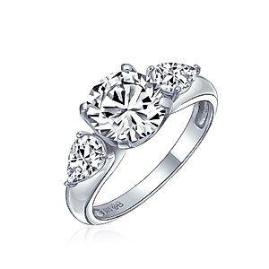 Bling Jewelry Personalize Timeless 3CT AAA CZ Trillion Side Stones Promise Cubic Zirconia Brilliant Cut Solitaire Round Engagement Ring For Women .925 Sterling Silver Customizable