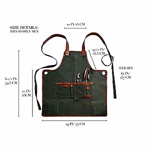 Garden Apron for Women Men, Gardening Apron with Pockets and Adjustable Leather Straps, Canvas Waist Kitchen Apron for Harvesting Weeding Gardening Cooking Baking, Gardener Gift Idea