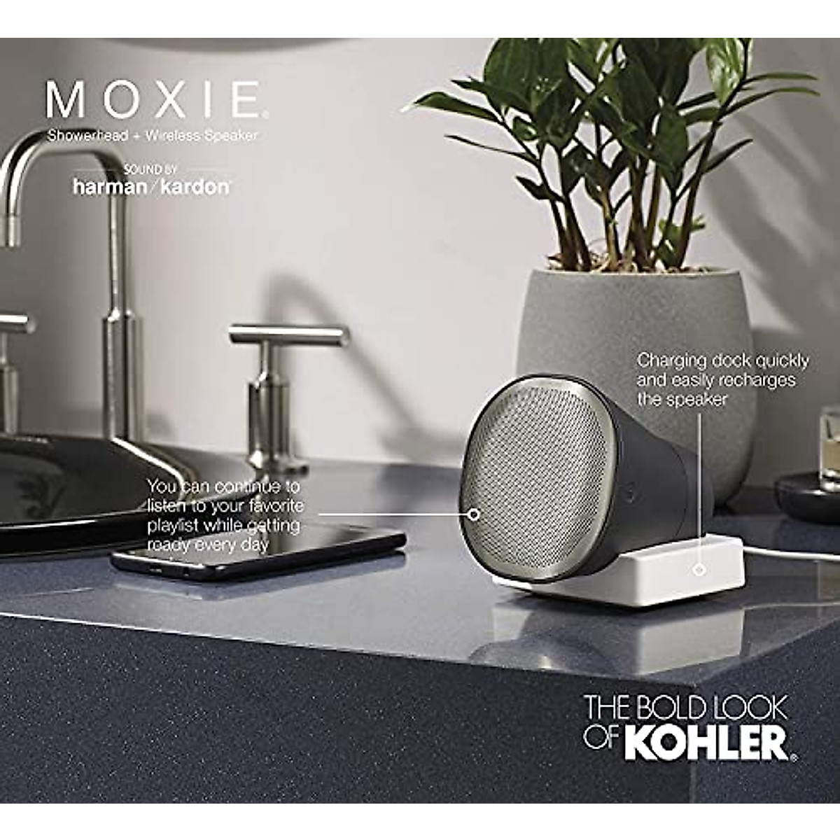 KOHLER Moxie Bluetooth Showerhead, Shower Speaker, Waterproof Speaker, Shower Radio, Rechargeable Speaker, Portable Speaker, 2.5 GPM, K-28238-NKE-CP, Polished Chrome