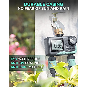 RAINPOINT Water Timer for Garden Hose - Sprinkler Timer with Brass Swivel - Rain Delay/Manual Watering/Automatic Irrigation Controller System Hose Timer Programmable Faucet Timer for Yard, 2 Outlet