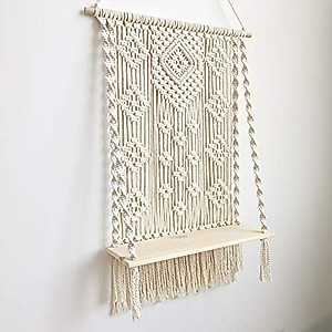 BLUETTEK Macrame Wall Hanging Shelf, Boho Decorative Floating Plants Swing Hanging Shelf Wooden Storage Hanger, Handmade Cotton Rope Woven Home Wall Decor